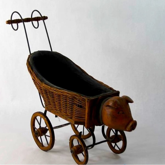 Other | Antique Doll Carriage Stroller Whimsical Pigs Face Wood Rattan ...